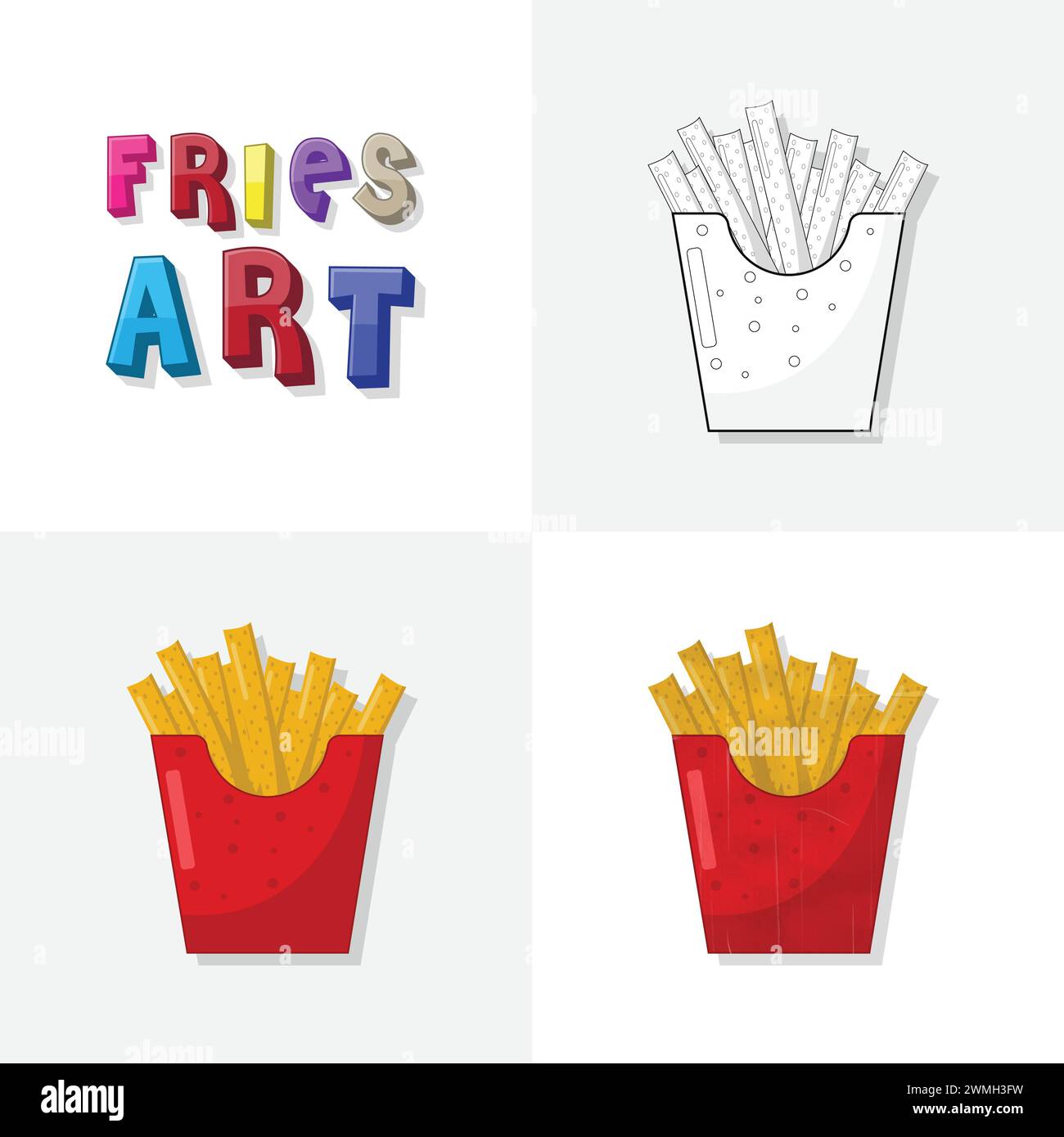 Fries bag art sketch, colouring page, flat and realistic fries fast ...