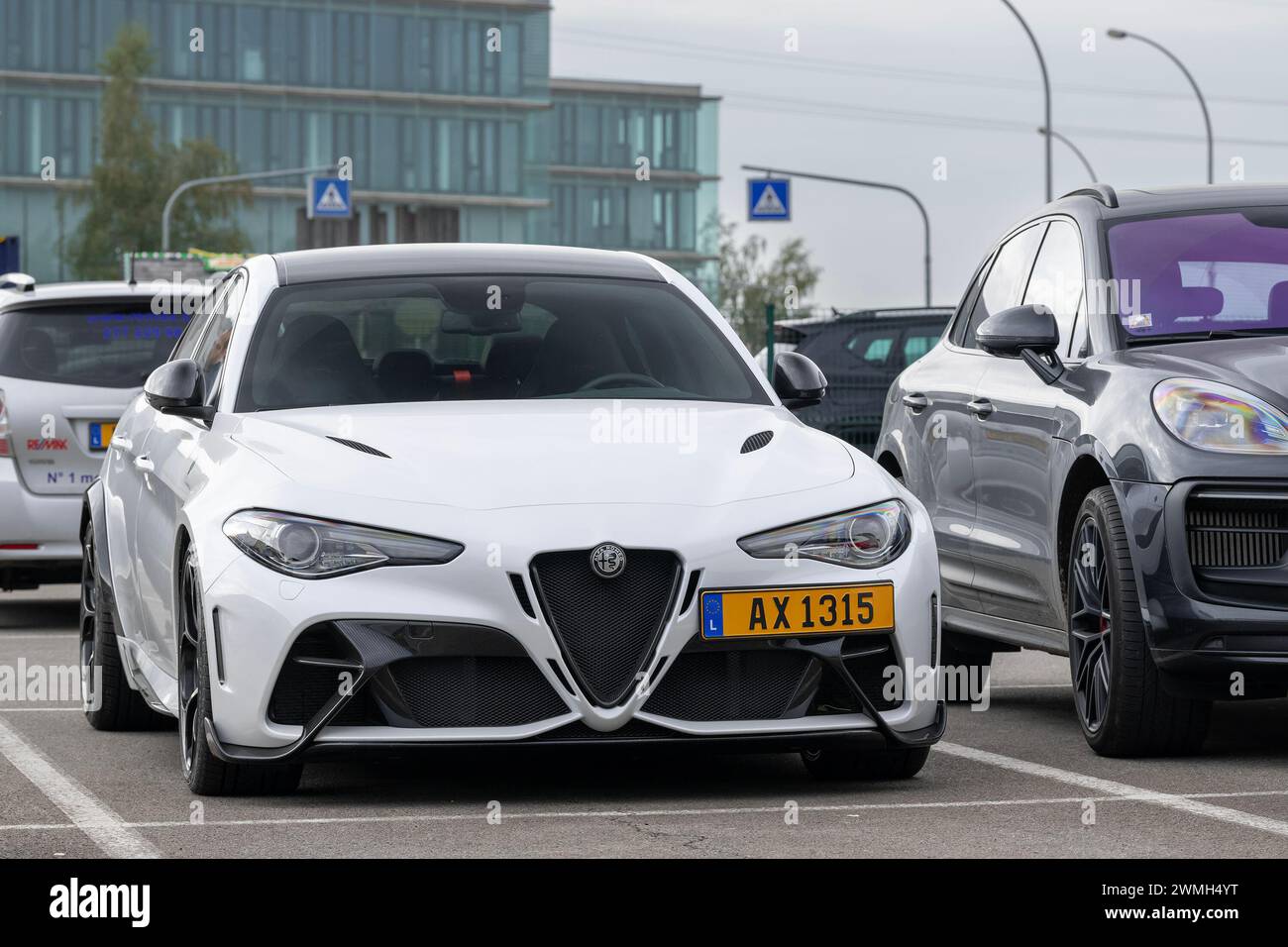 Luxembourg City, Luxembourg - Focus on a Bianco Trofeo Alfa Romeo Giulia GTAm parked on a ...