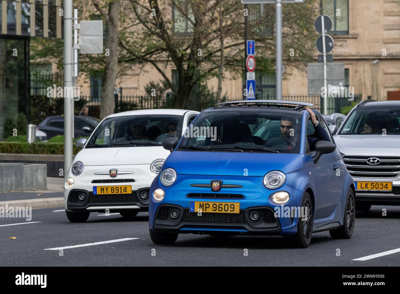 Luxembourg City, Luxembourg - Focus on two Abarth 595, one red and one ...
