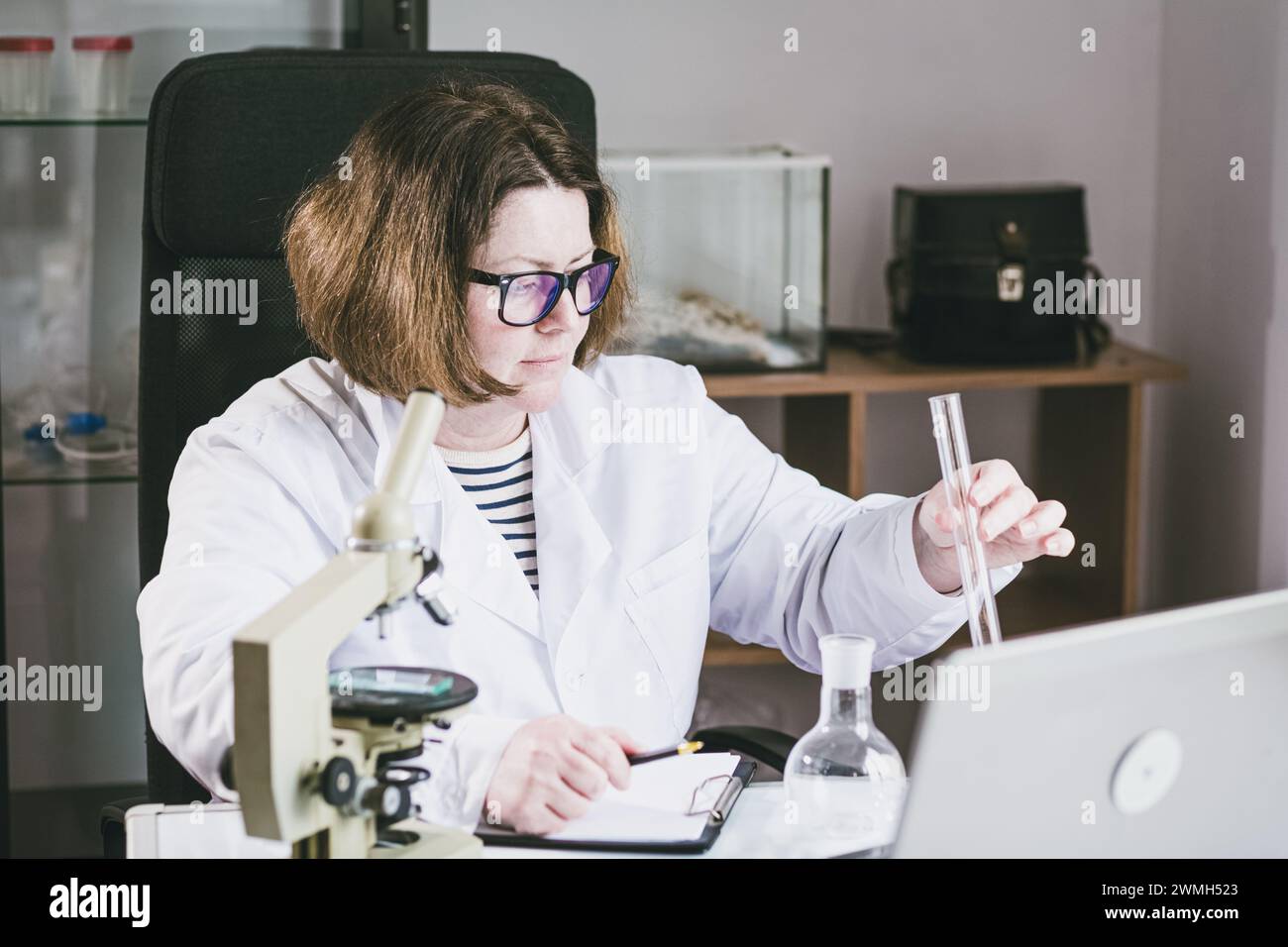 Studying insects in laboratory conditions. Adult female Caucasian ...