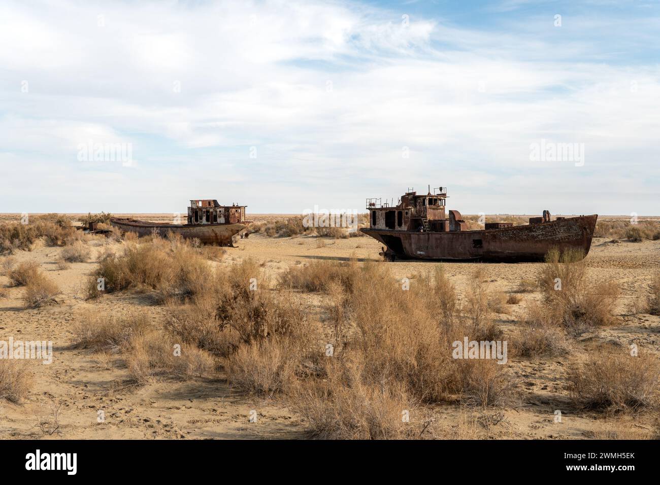 Rusty ships at the ship graveyard in former Aral sea port town Moynaq ...