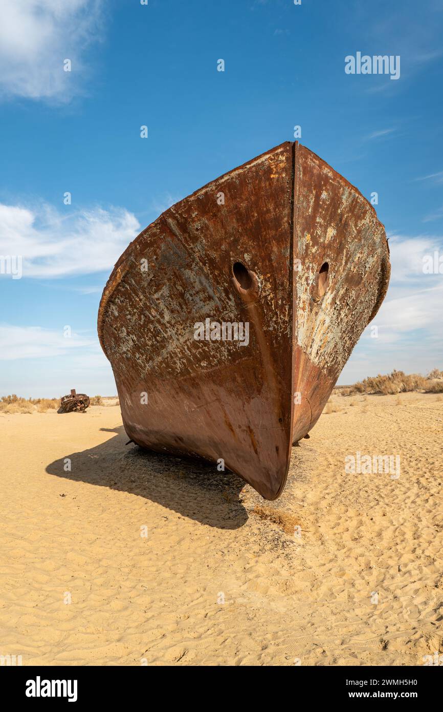 shipwreck. Ecological disaster of the Aral Sea. Rusty ships at the ship ...