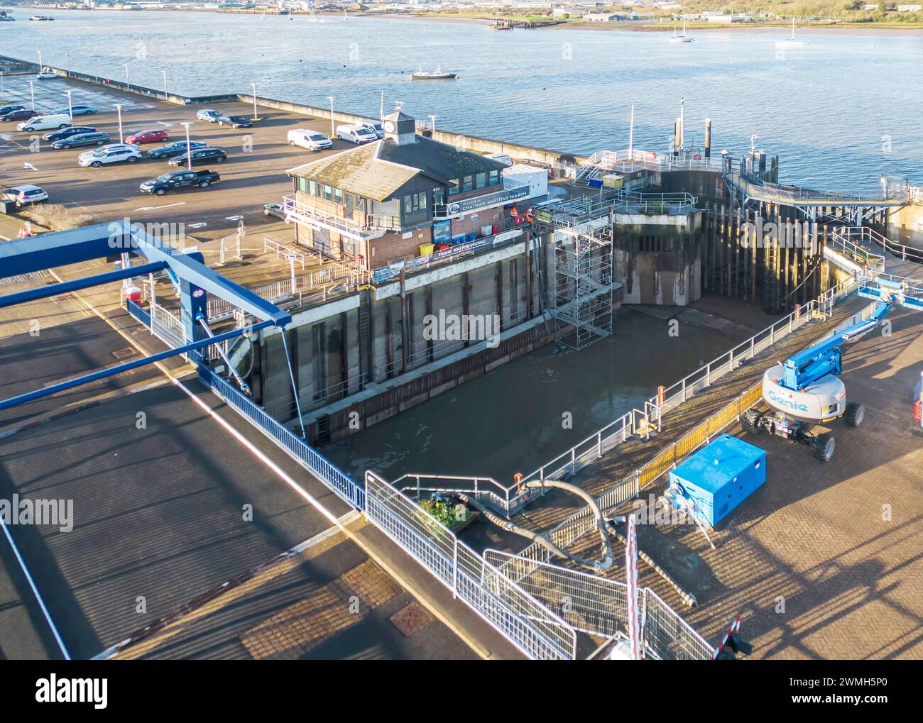 aerial view of the entrance lock to chatham marina on the river medway ...