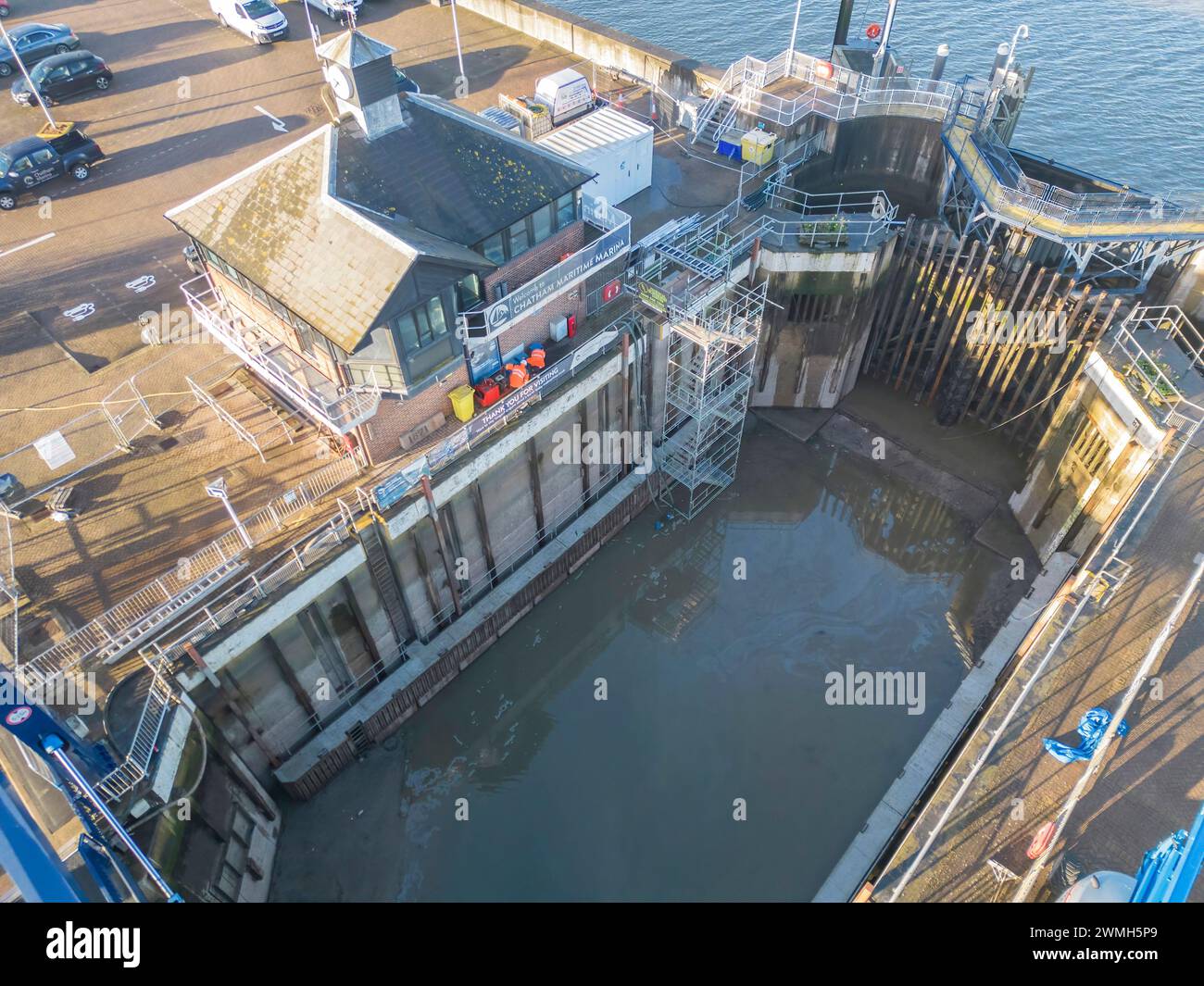 aerial view of the entrance lock to chatham marina on the river medway ...