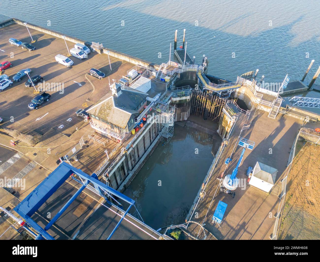 aerial view of the entrance lock to chatham marina on the river medway ...