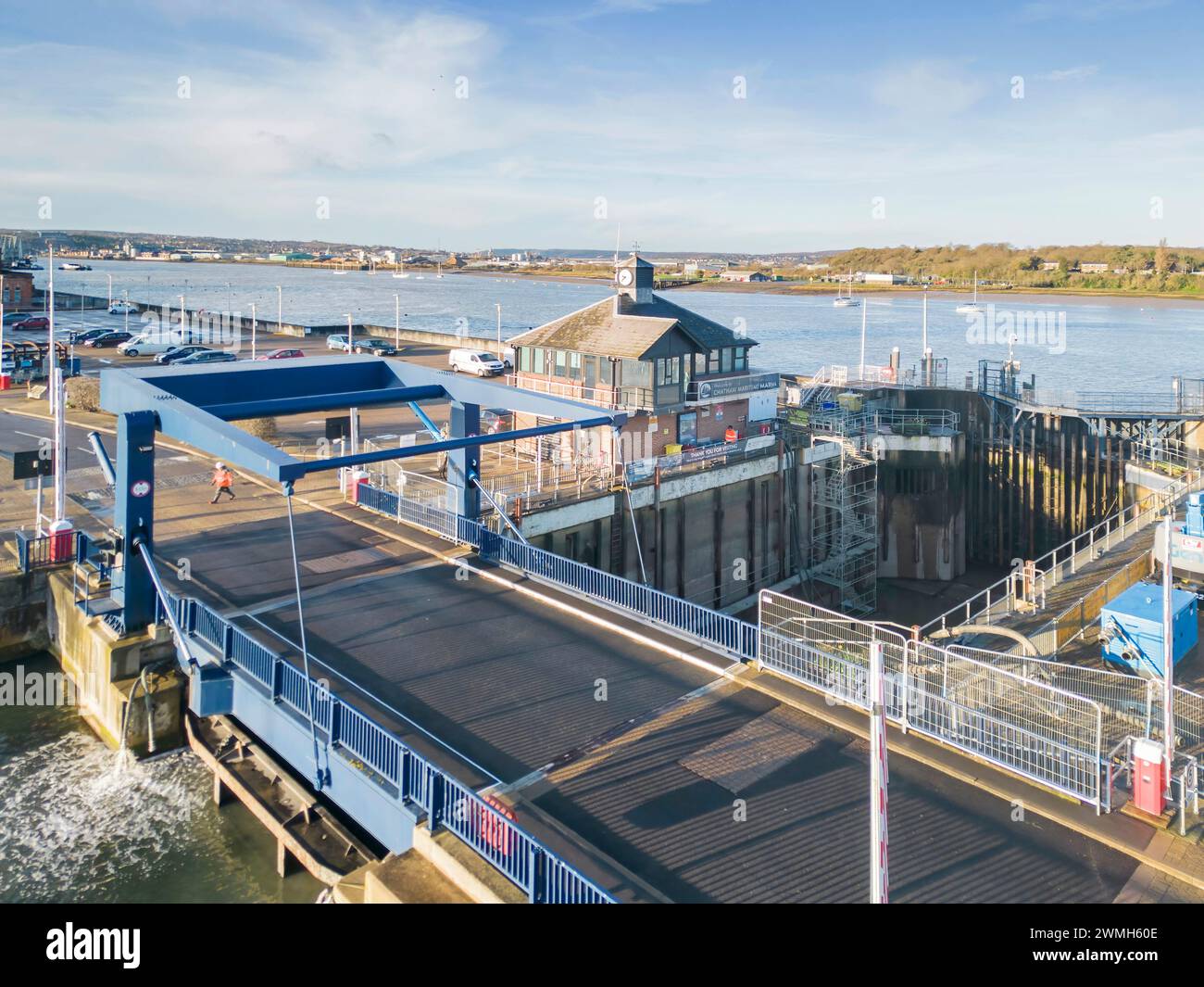 aerial view of the entrance lock to chatham marina on the river medway ...