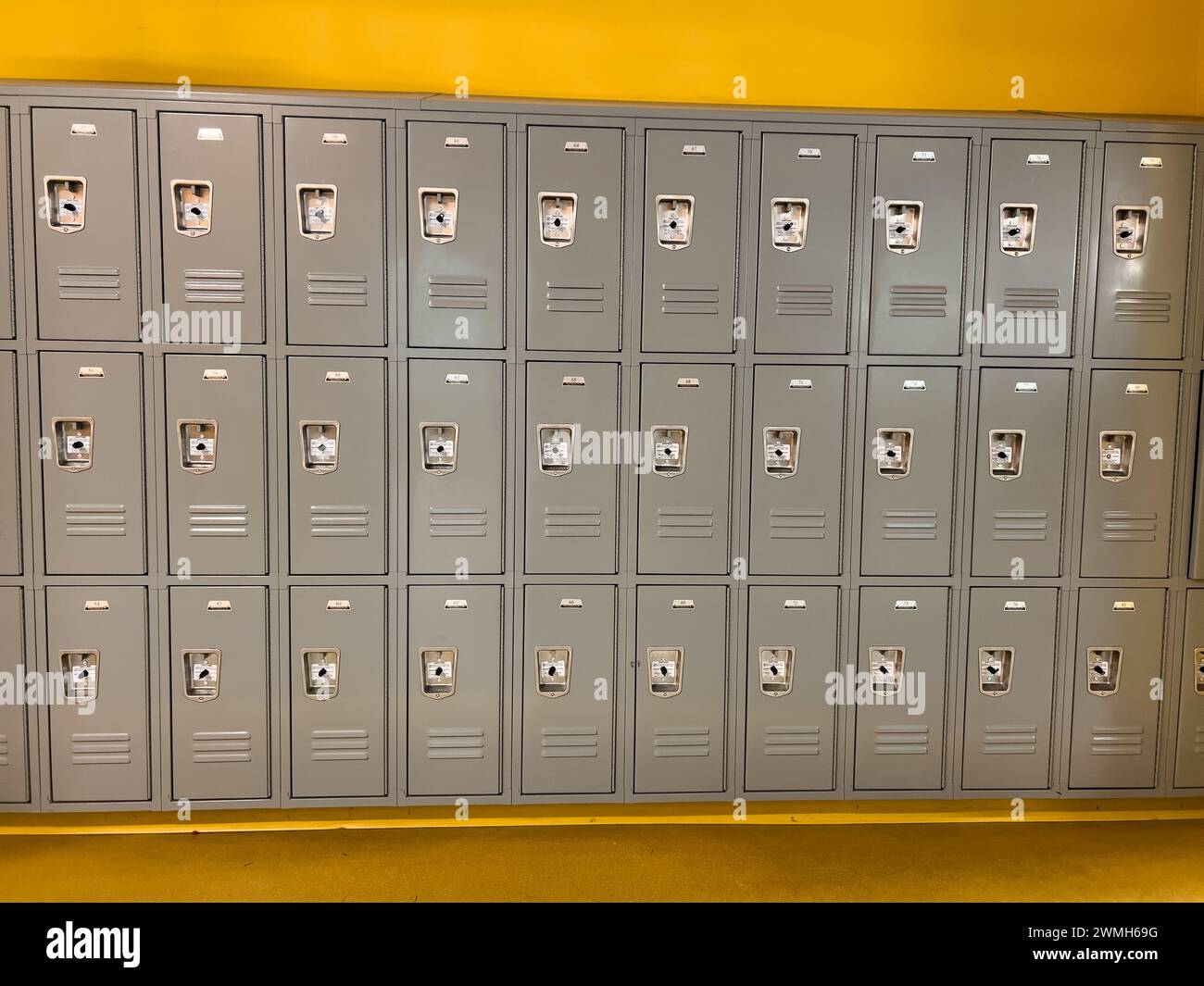 Rows of Gray School Lockers Lined up Against a Yellow Wall Stock Photo ...