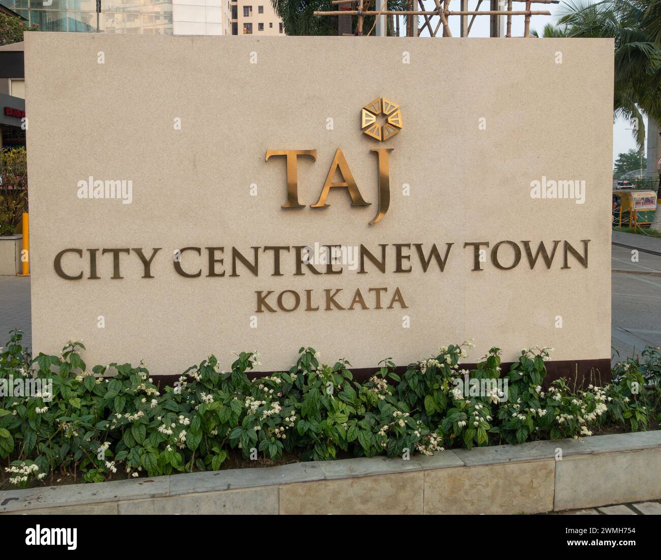 Sign outside the Taj Hotel, a luxury hotel located in Rajarhat, New ...