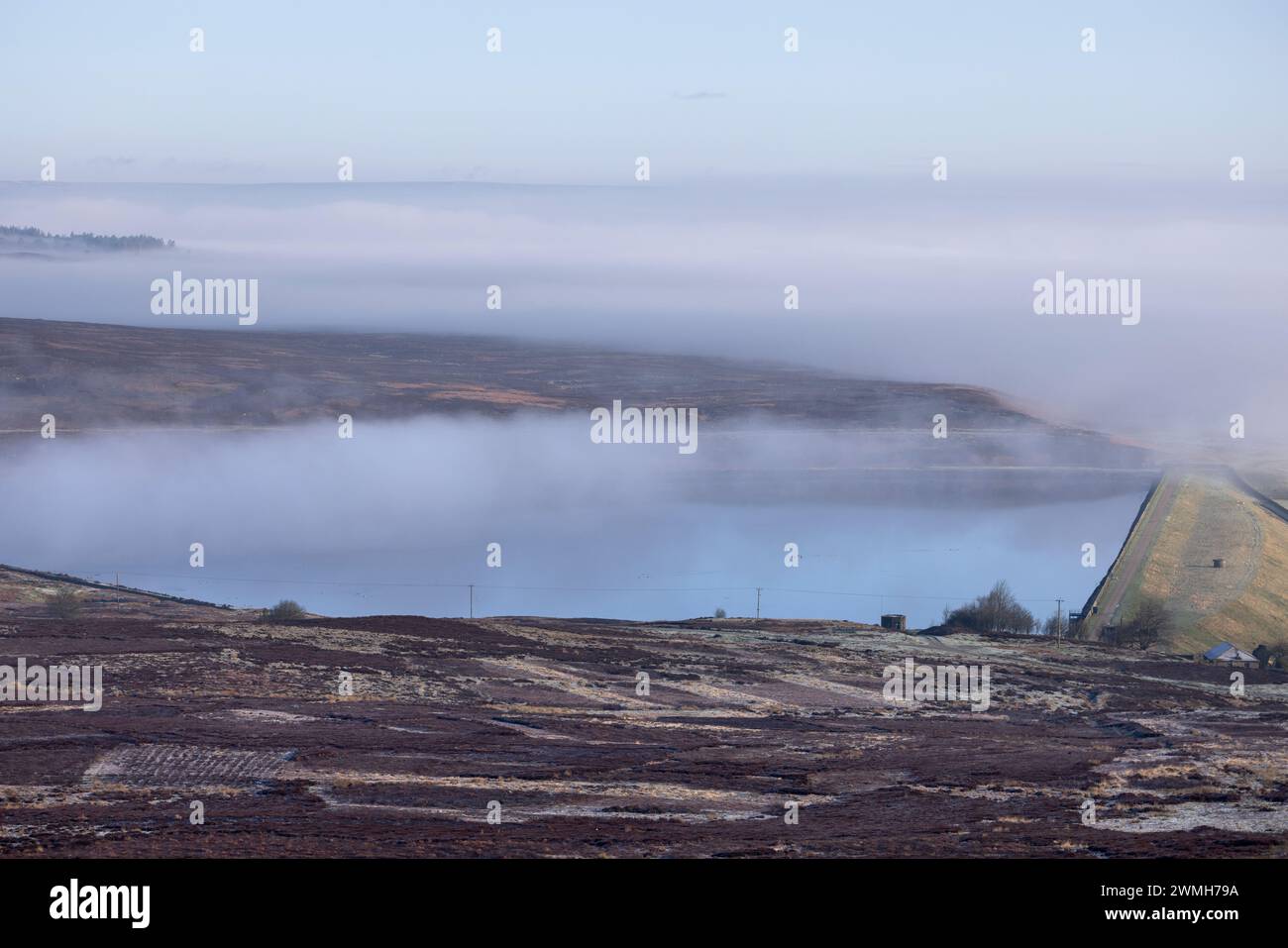 Mist covers Lower Barden Moor reservoir in Wharfedale, Yorkshire Dales ...