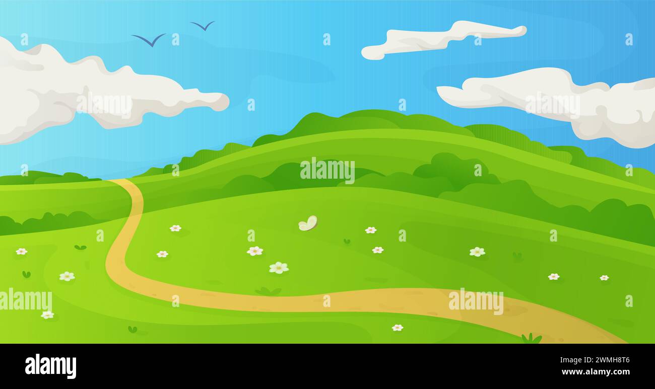 Summer prairie landscape. Grass fields with flowers and sky with fluffy ...