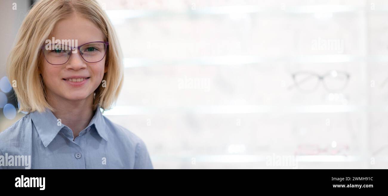 portrait happy little girl patient ophthalmology clinic in eyeglasses ...