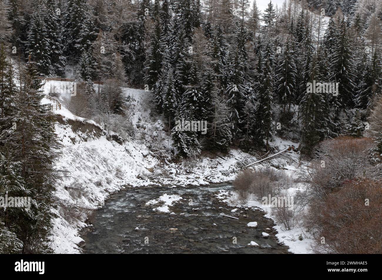 Winter view of River Arc in Val-Cenis, France Stock Photo - Alamy