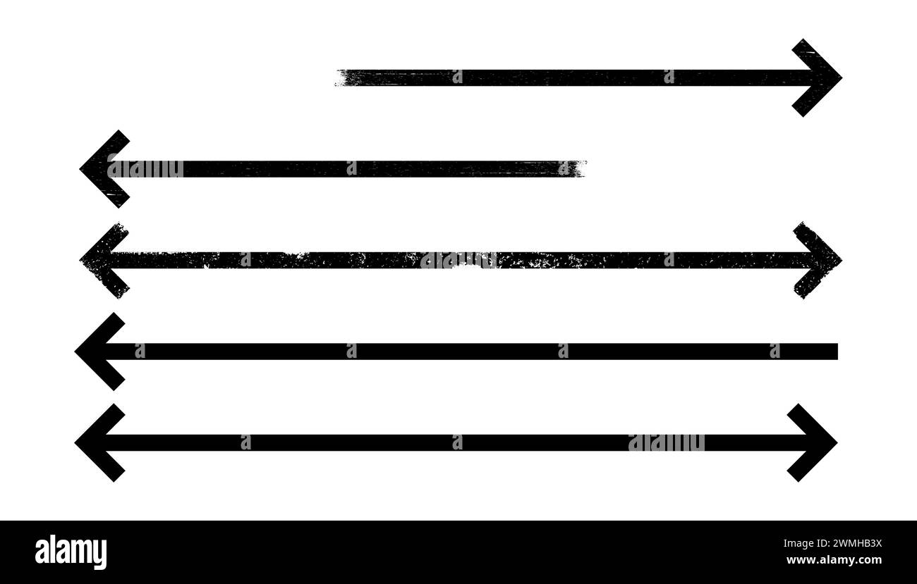 Set of thin black arrows pointing right left long, straight-line with grunge texture. Vector ...