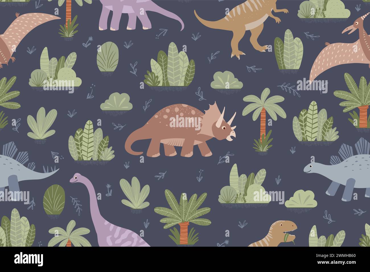 Dinosaurs Seamless Vector Pattern, Line art Dinosaurs Kids Seamless ...