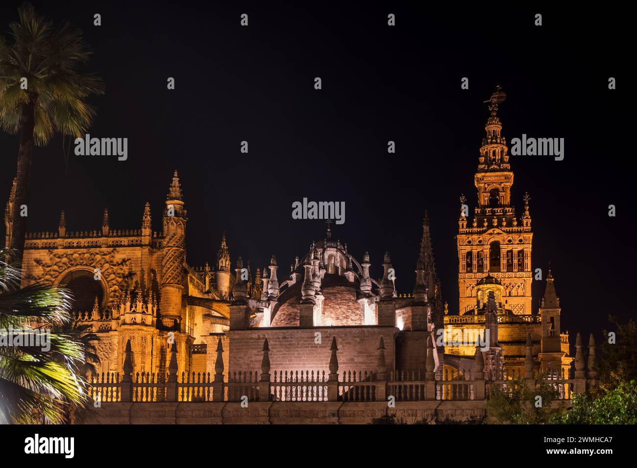 Seville Cathedral (Catedral de Sevilla) illuminated at night in city of ...