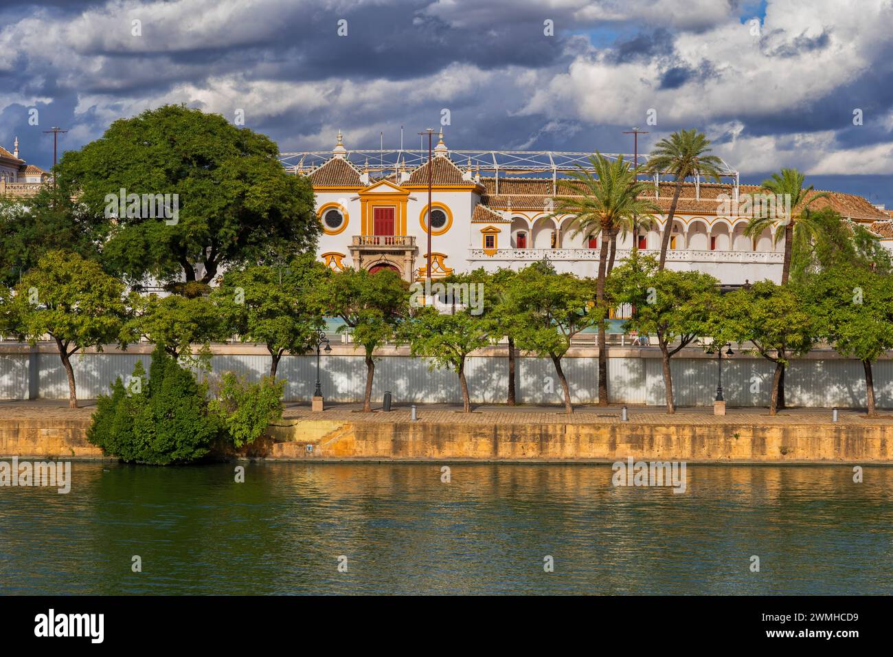 Plaza de Toros de Sevilla bullfighting arena from Guadalquivir River in ...