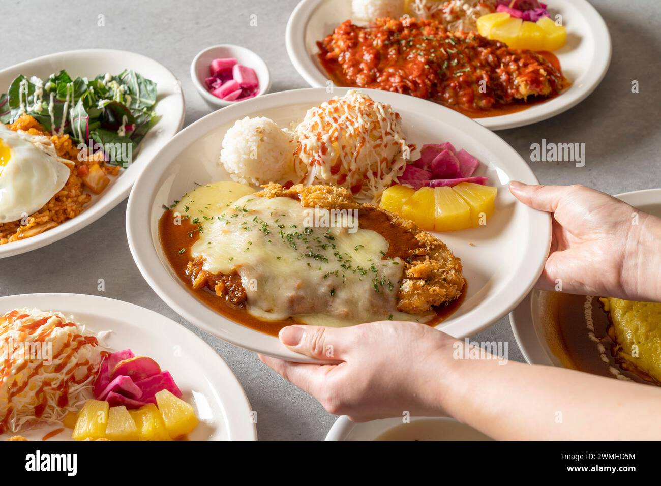 Korean food dish Omurice Lunch box kimchi fried rice Sori Garlic Bacon ...