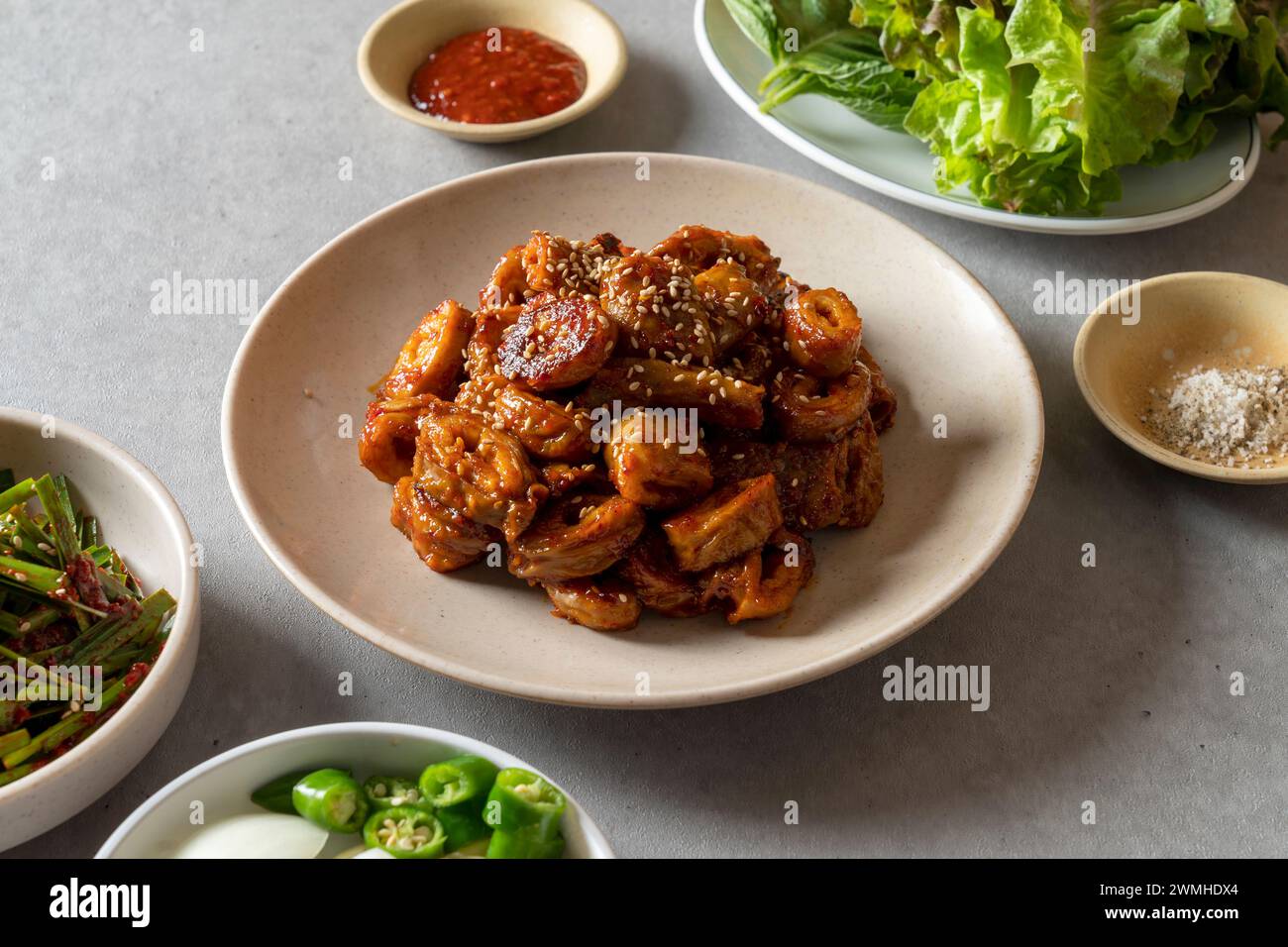 Korean food dish Grilled beef entrails with salt Grilled beef entrails ...