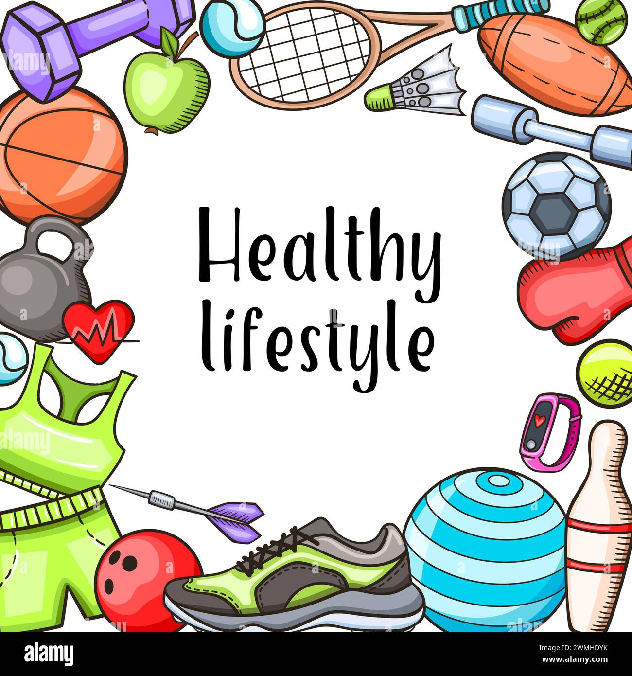 Hand drawn doodle fitness and sport background. Healthy lifestyle ...