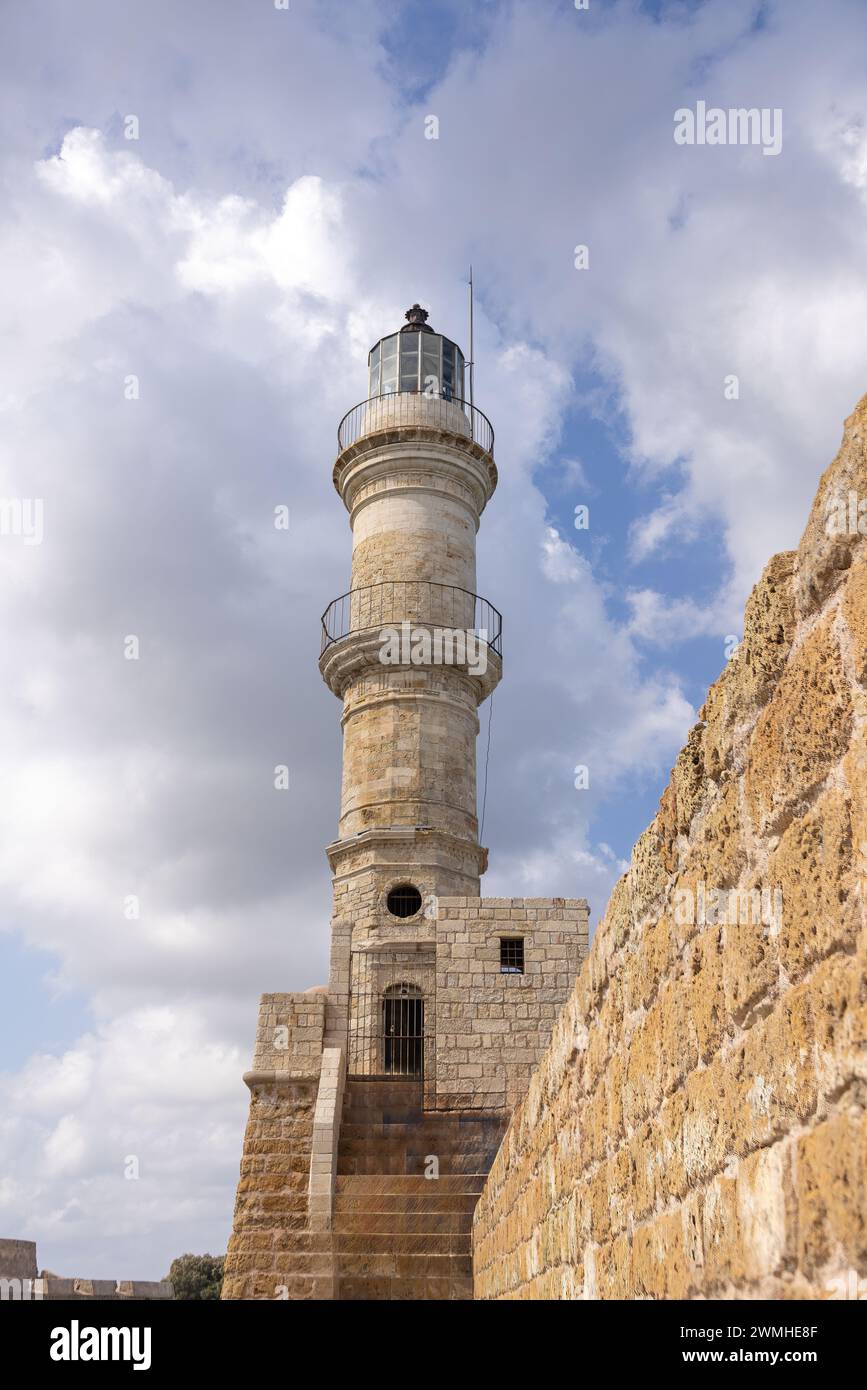 historical lighthouse of Chania on Crete in summer, Greece Stock Photo ...
