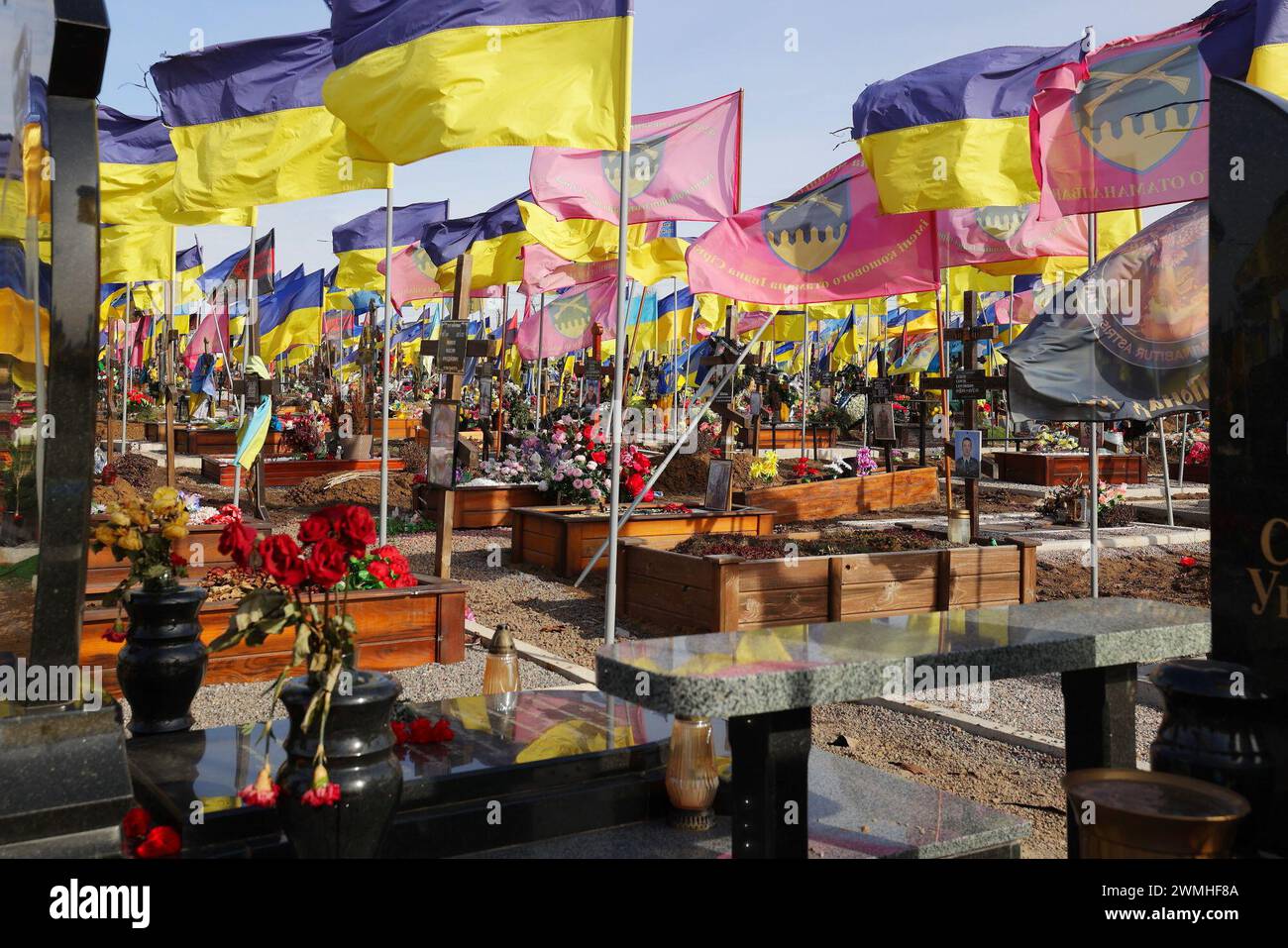 Charkiw, Ukraine. 26th Feb, 2024. Ukrainian flags fly over the graves ...