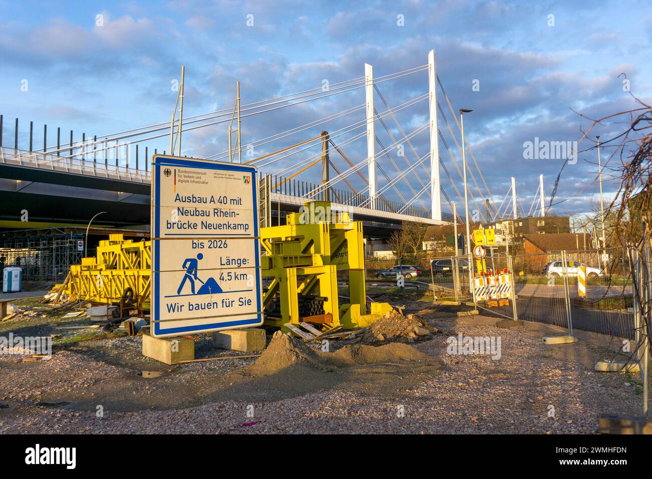 Construction material storage at the A40 Neuenkamp bridge, pillars and ...