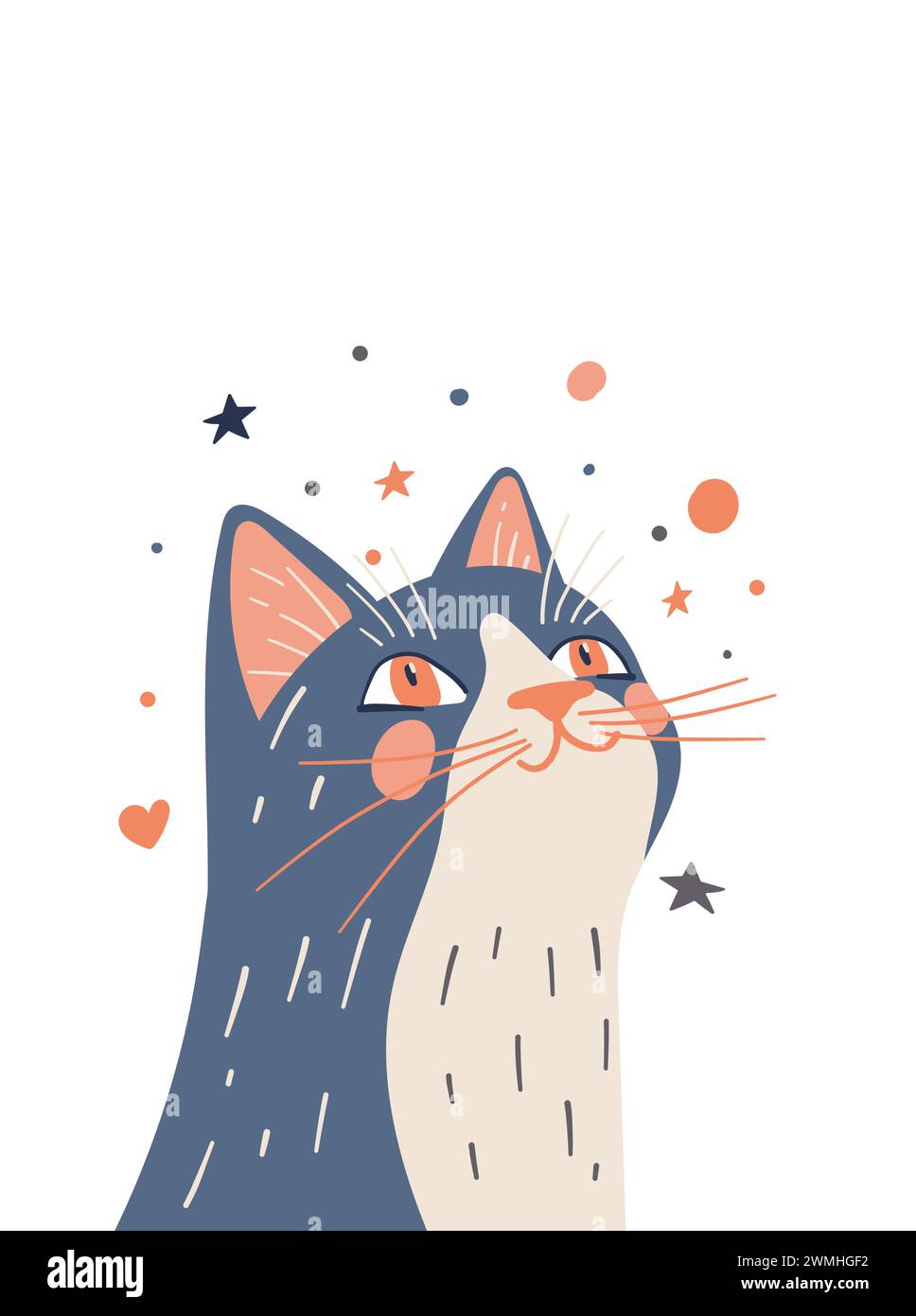 Dreamy kitty sitting and looking up. Vector illustration in flat style ...