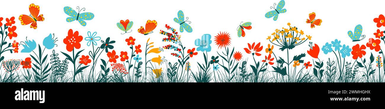 Horizontal grass headers seamless pattern. Cute simple flowers and ...