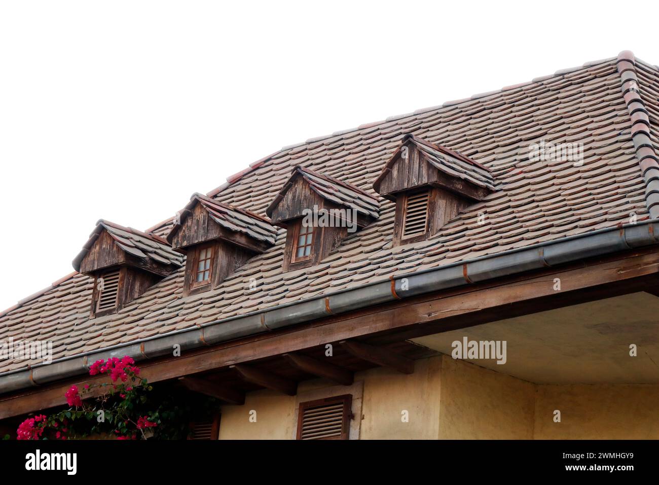 classic european roof and brick work with chimney Stock Photo - Alamy