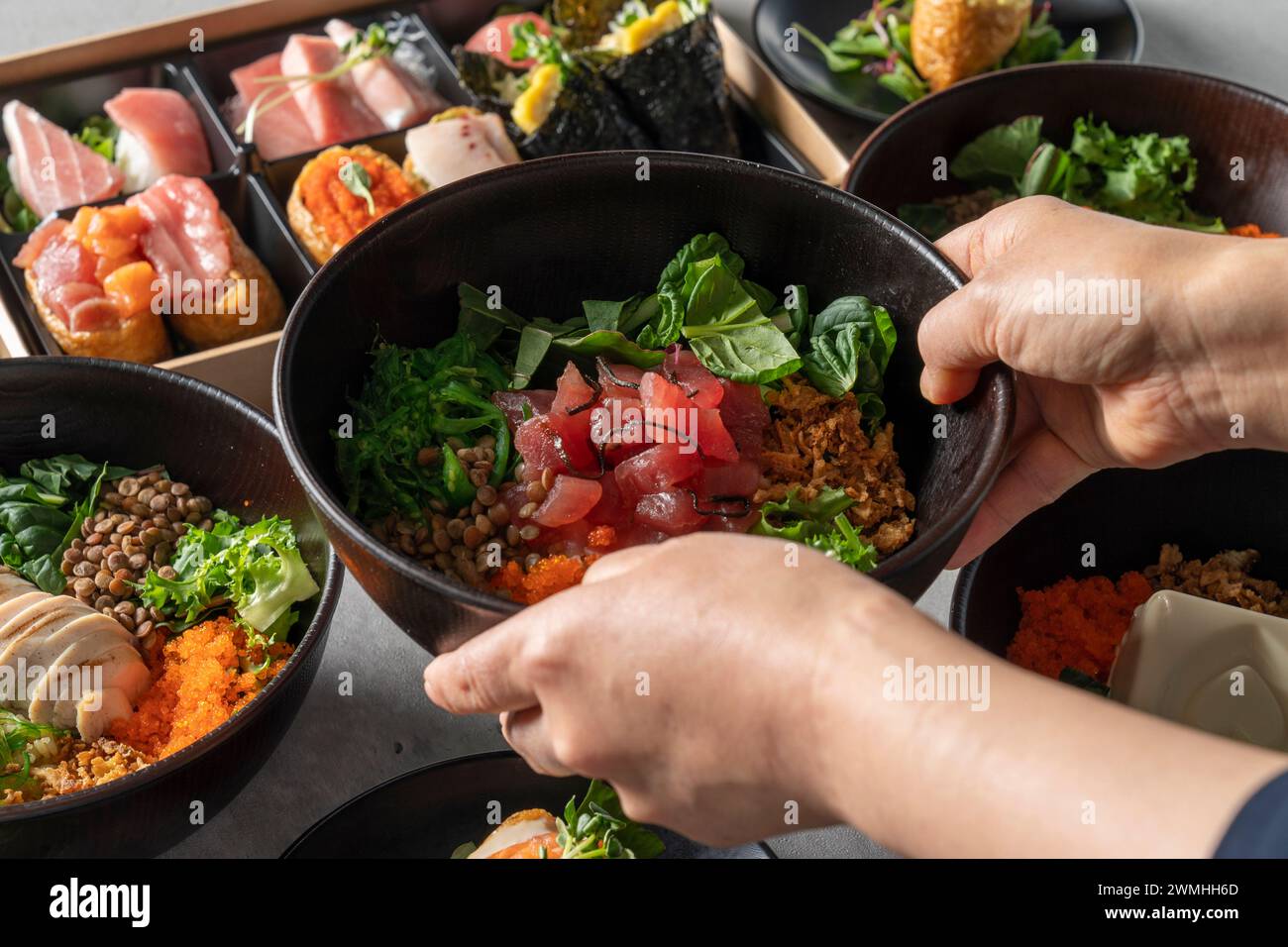 Soft tofu, shrimp, poke, avocado,Tuna poke rice bowl, tuna, bowl, natto ...