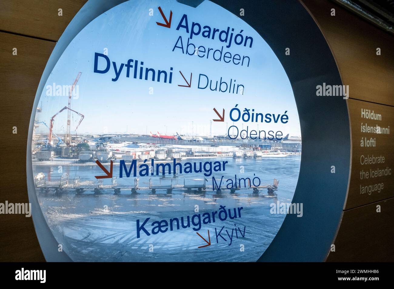 Icelandic names for European cities at a Keflavik Airport terminal ...