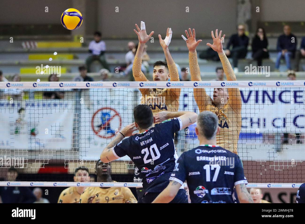 Latina, Italy. 25th Feb, 2024. Rana Verona block during Cisterna Volley vs Rana Verona ...