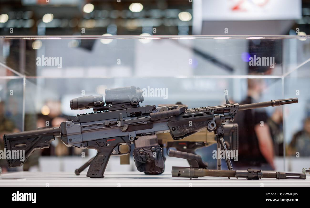 Nuremberg, Germany. 26th Feb, 2024. The HK421 - 16.5 machine gun (caliber 7.62 x 51 NATO) will ...