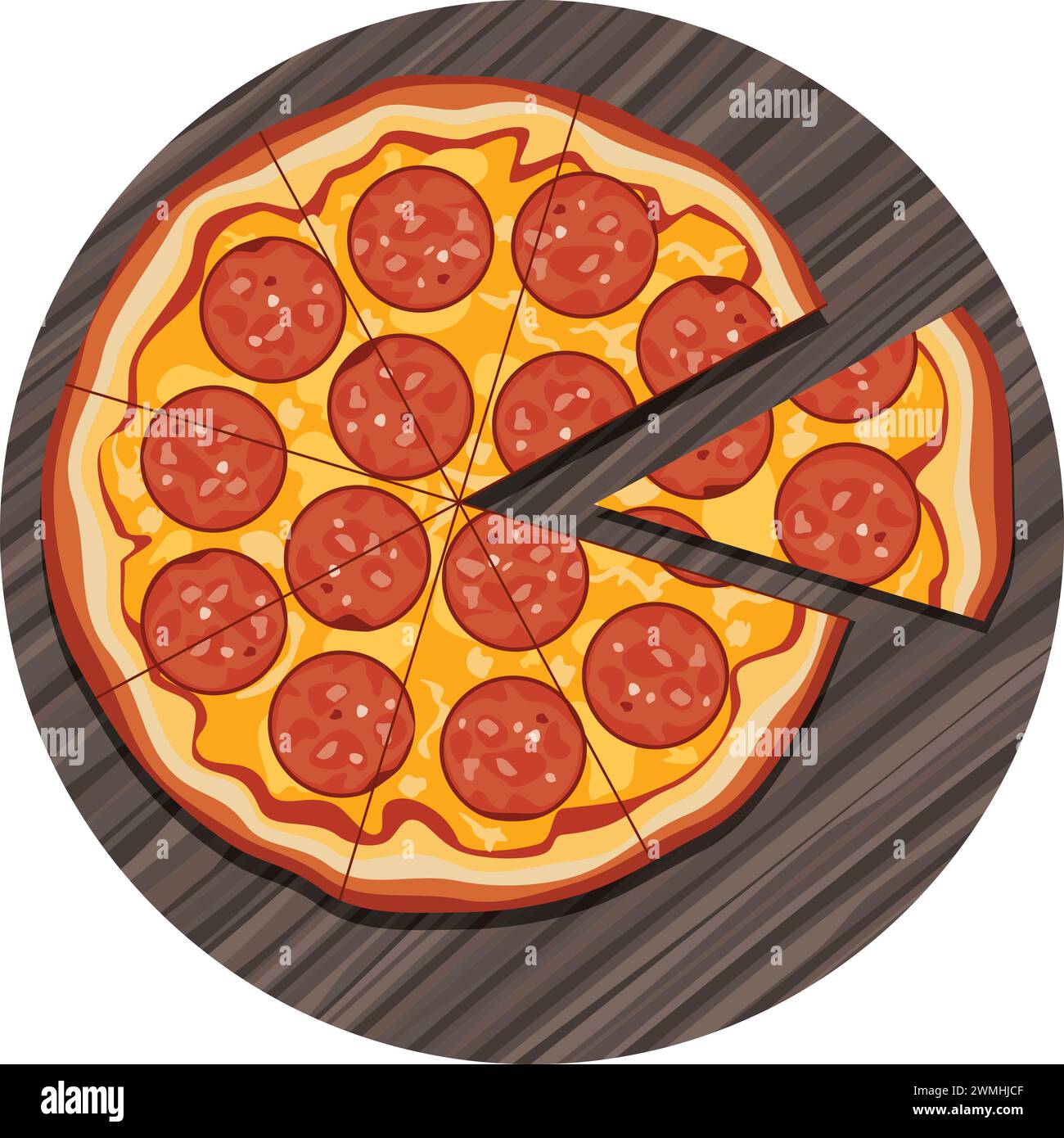 vector illustration of italian pizza with a slice on wooden board Stock ...
