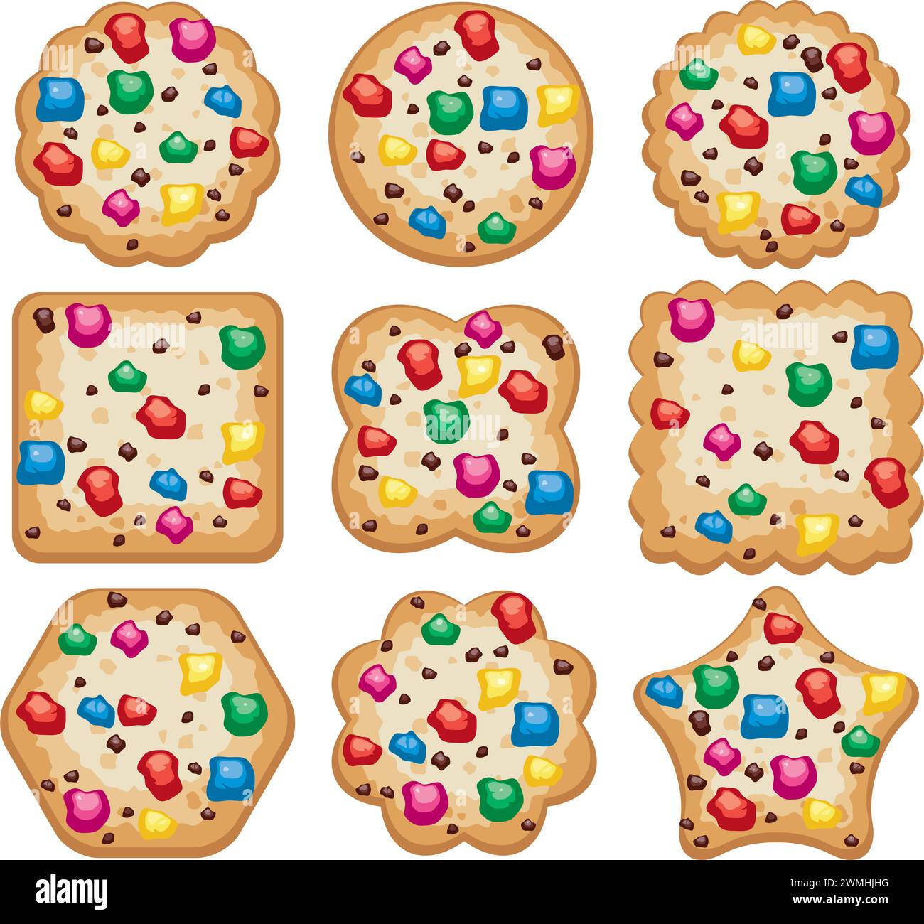 vector set of colorful chocolate chip cookies of different shapes Stock ...