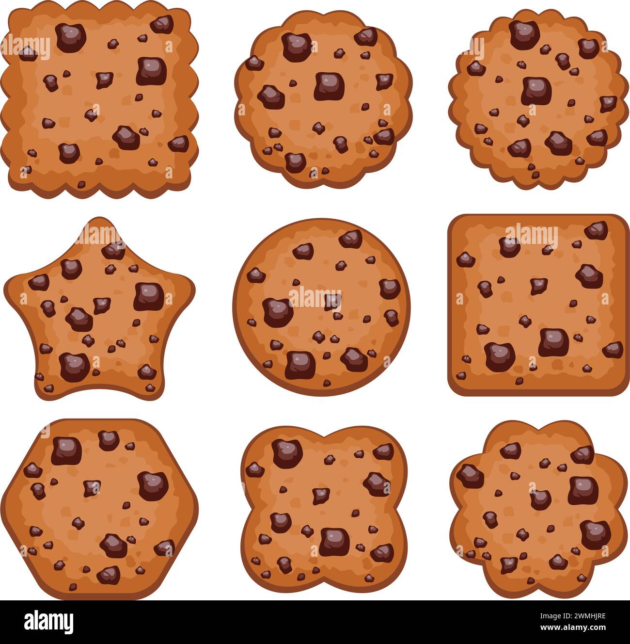 vector set of chocolate chip cookies of different shapes Stock Vector ...