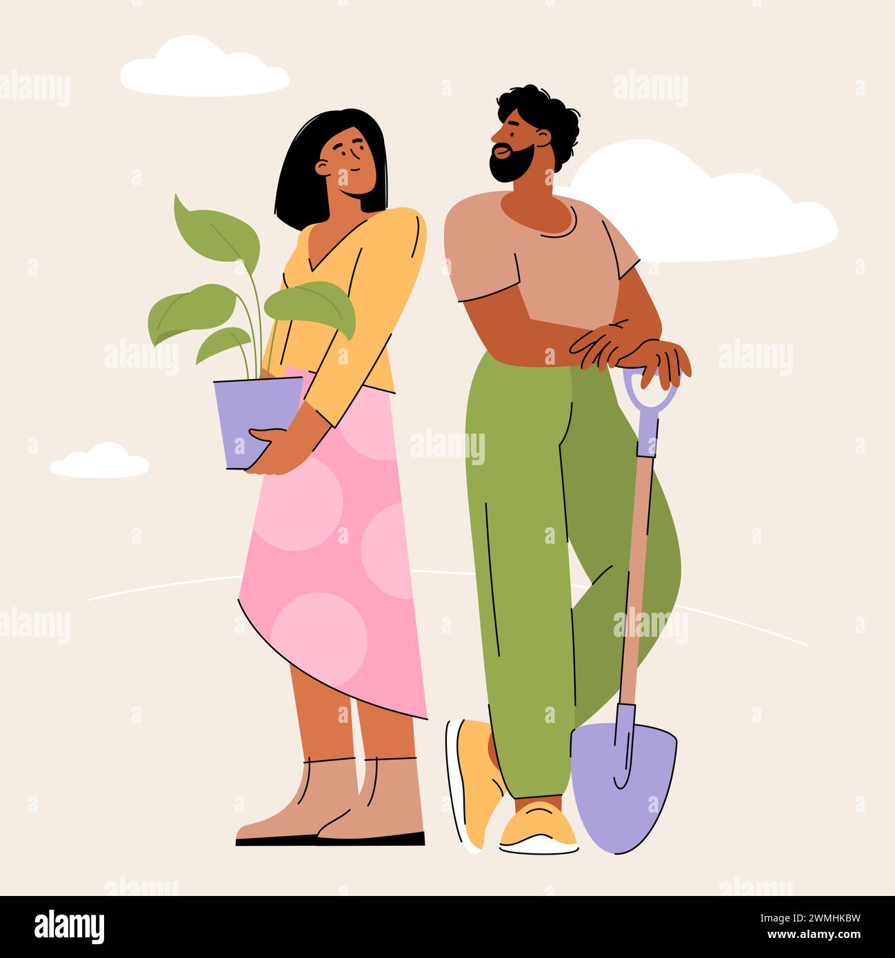 Gardening man woman wheelbarrow Stock Vector Images - Alamy