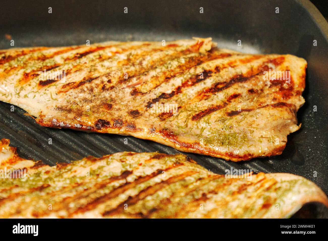 Grilled Salmon Fillets Perfectly Charred on the Grill. Selective focus ...