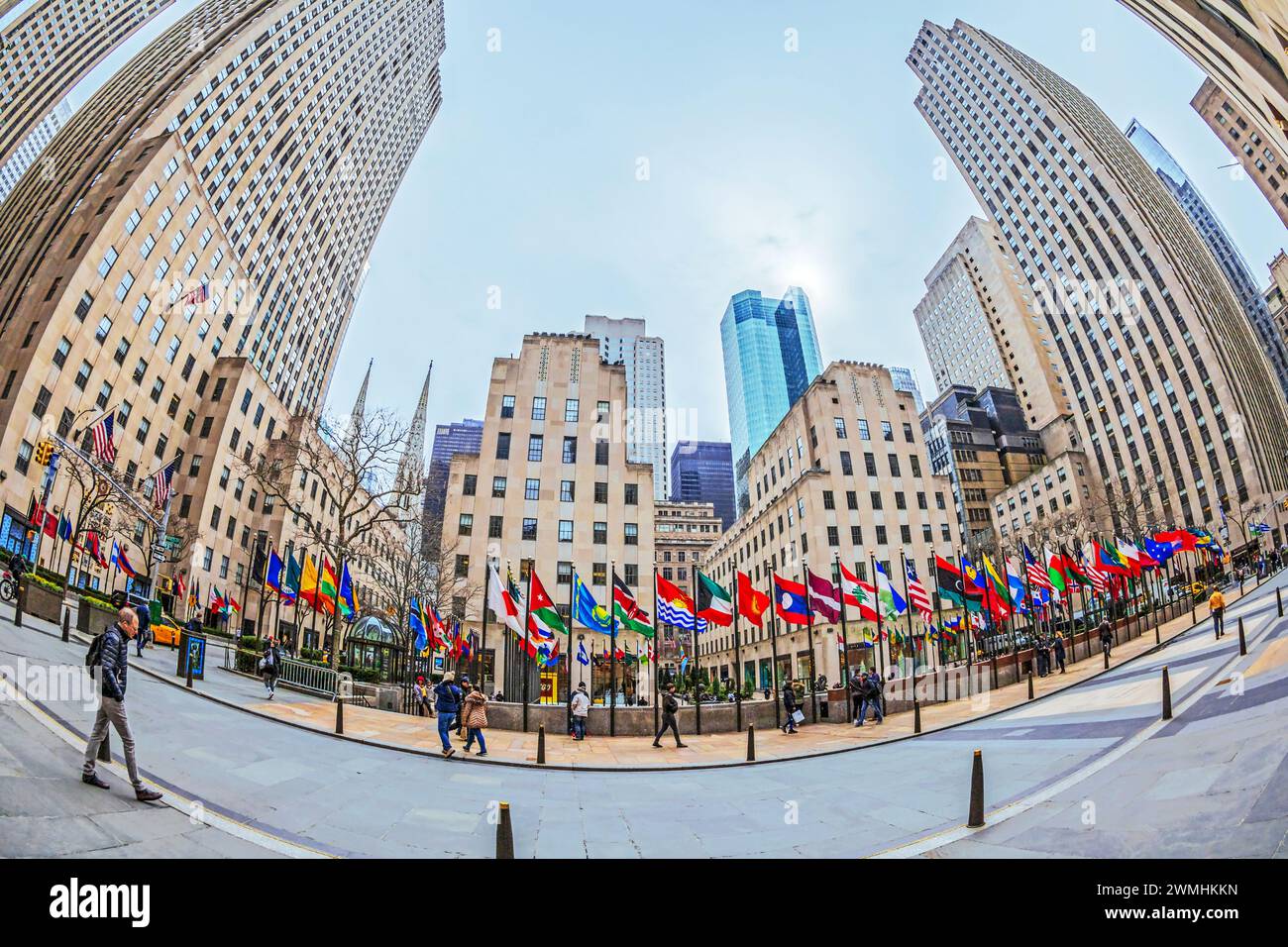 NEW YORK, USA - MARCH 6, 2020: Large angle view of Rockefeller Plaza ...