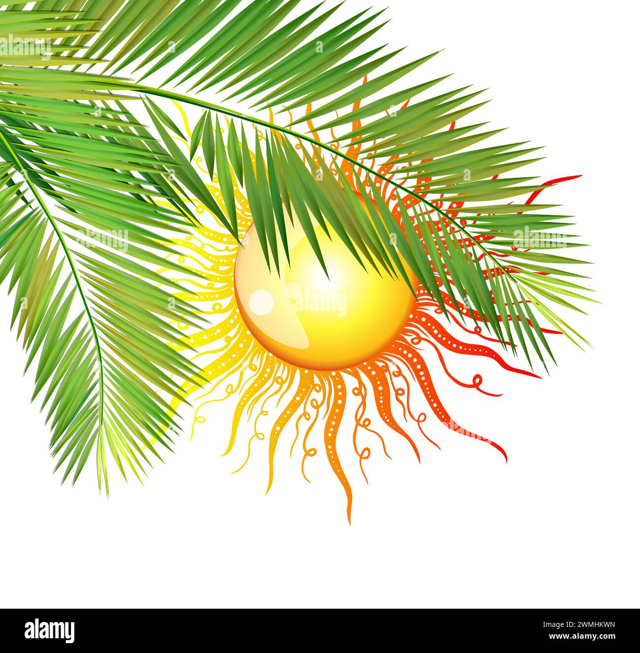 Shining shiny sun with palm leaves. hand drawing. Not AI. Vector ...