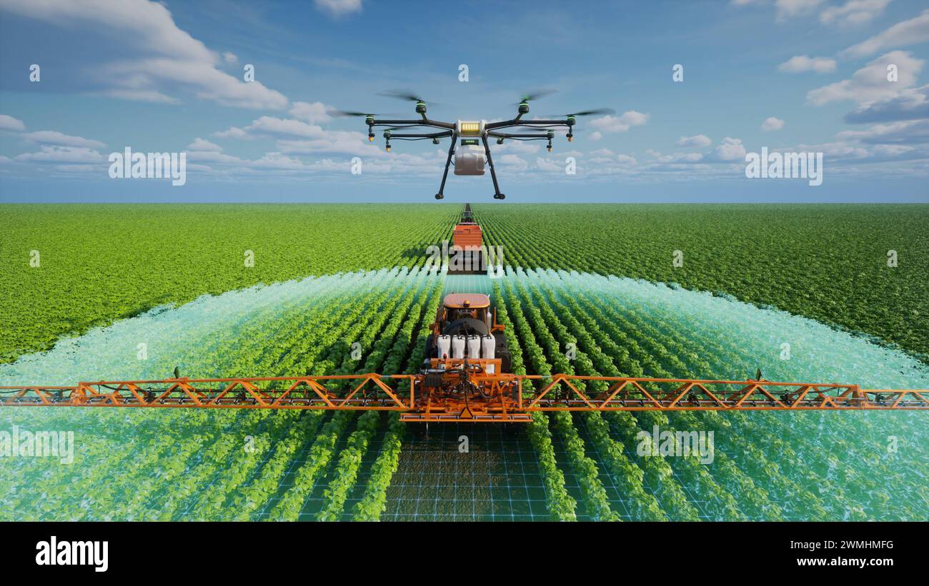 Autonomous agriculture vehicle and drone are working in agricultural ...