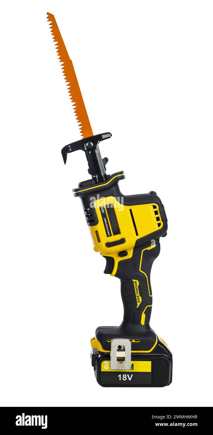 Modern 18v cordless reciprocating saw with an orange blade, isolated on ...