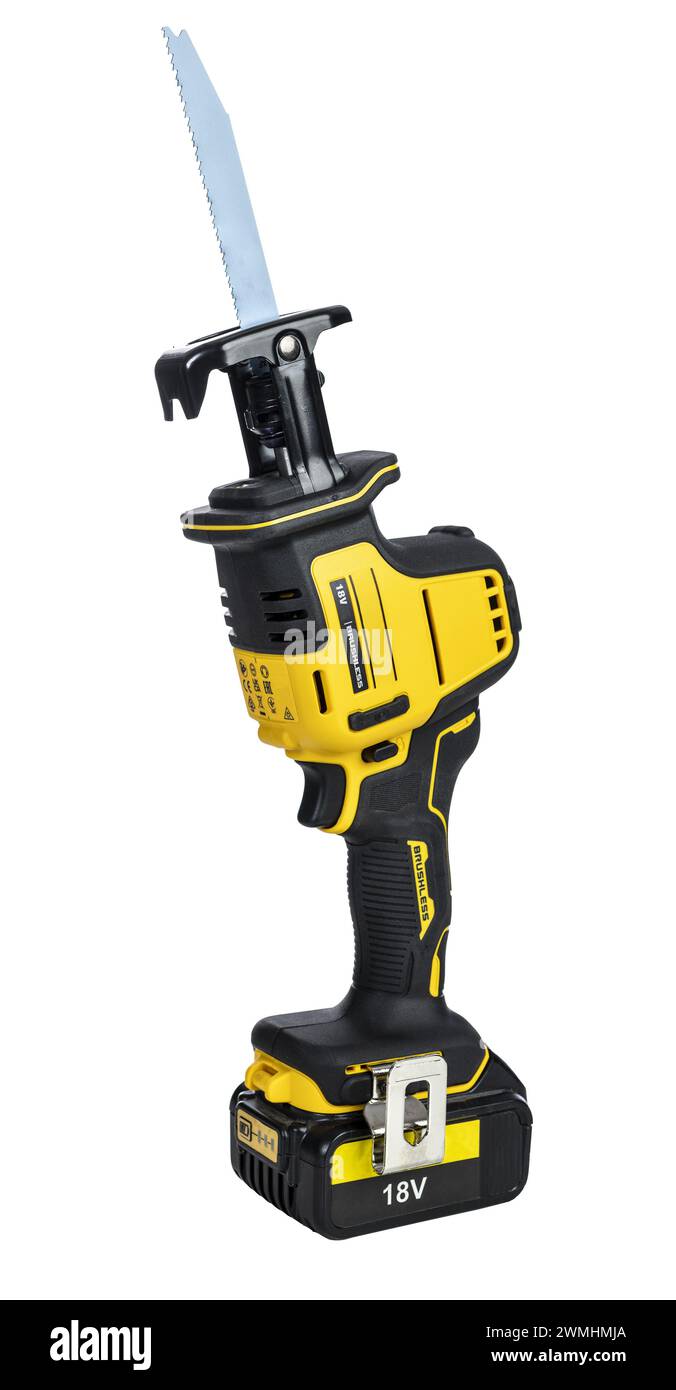 Isolated image of a modern cordless reciprocating saw with battery ...