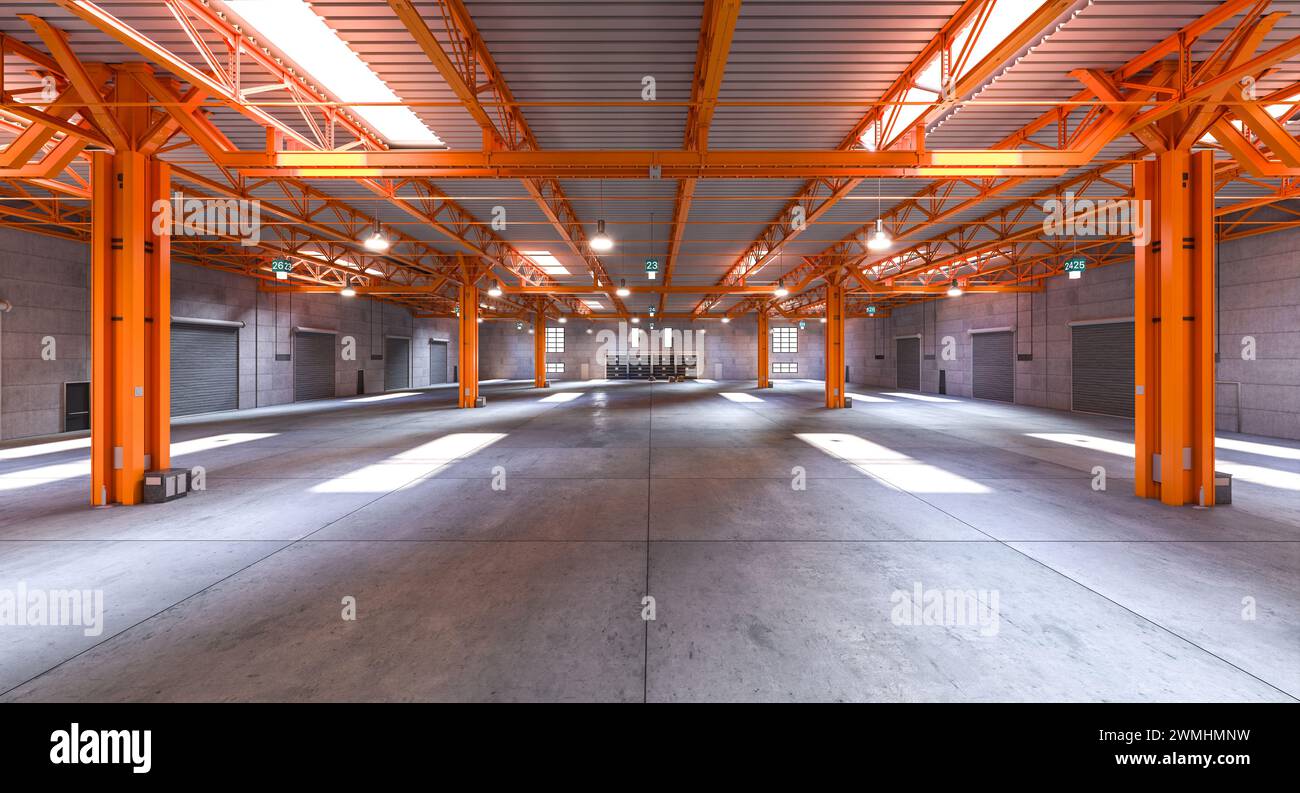 Empty industrial warehouse space with vibrant orange steel beams and ...