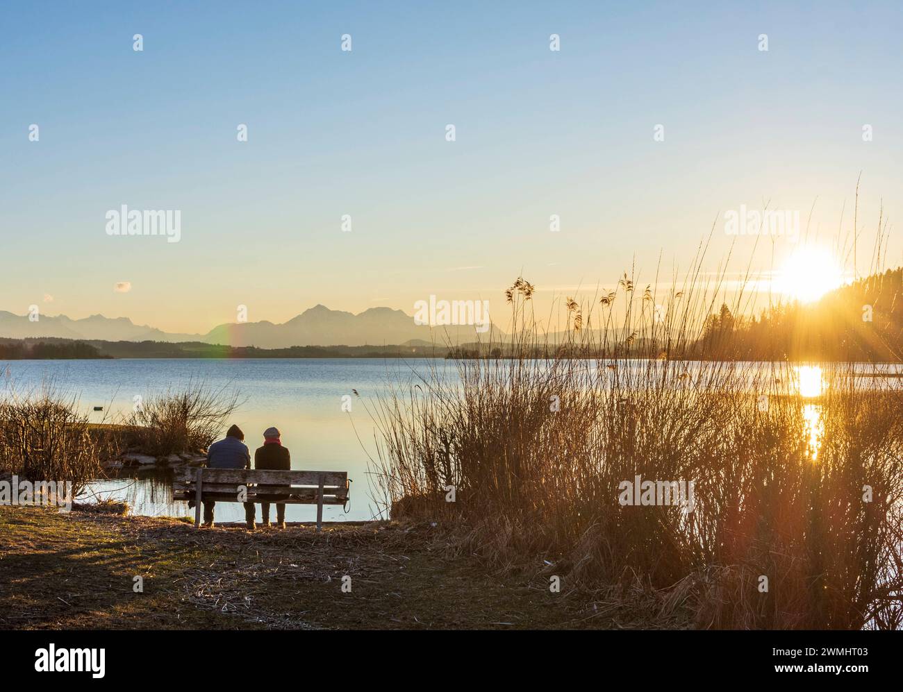 lake Wallersee at sunset, couple on bench, Alps Neumarkt am Wallersee ...