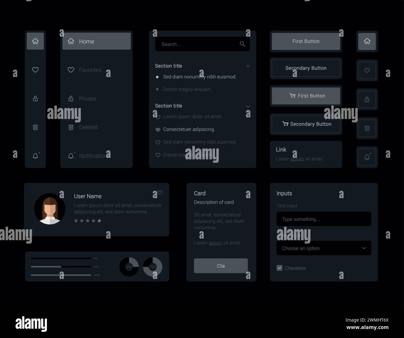 Dark Collection of gray elegant ui ux elements. Ux dashboard user panel template. User interface ...