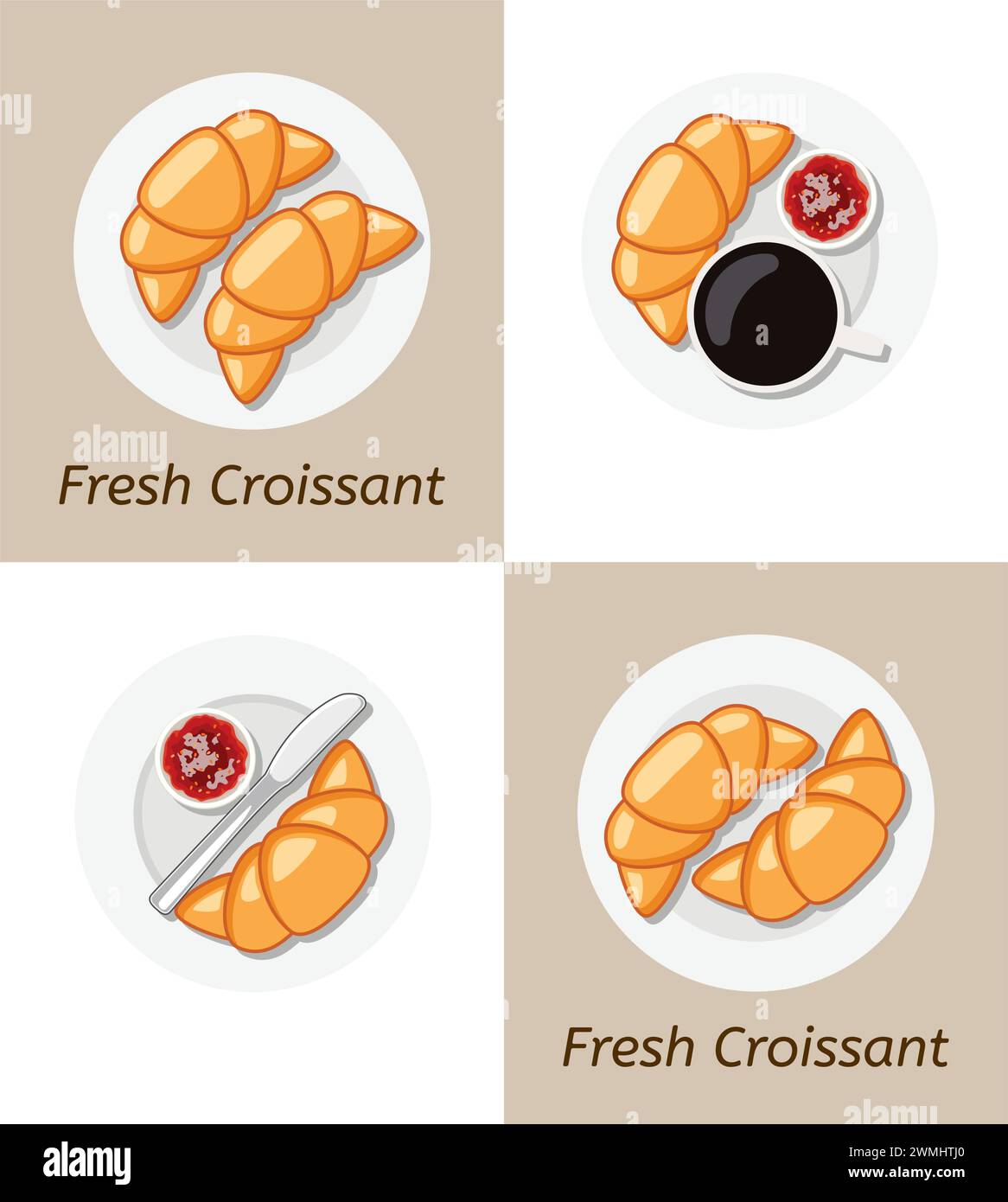 vector drawing of croissants and plate icons. french food breakfast pastry symbol with fresh ...