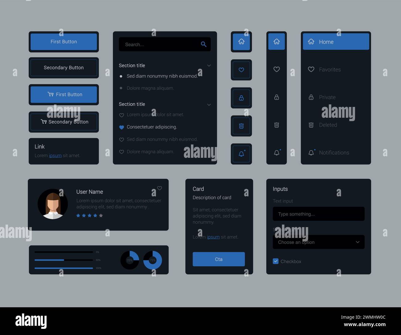 Dark Collection of blue elegant ui ux elements. Ux dashboard user panel template. User interface ...