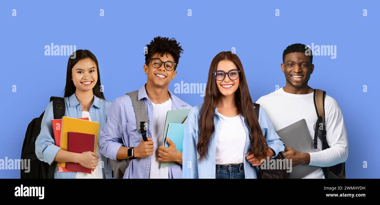Four smiling college students with textbooks and backpacks standing ...