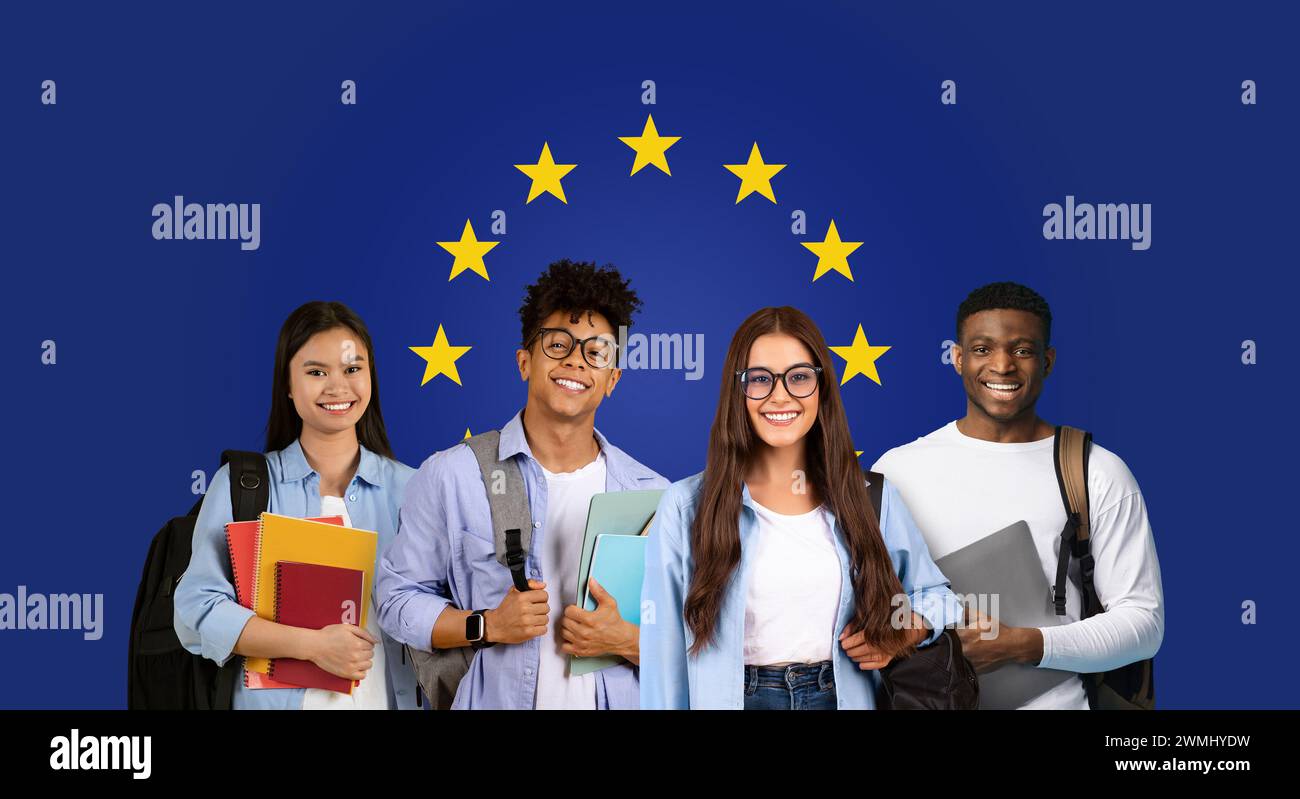 Happy international students with backpacks and notebooks standing ...